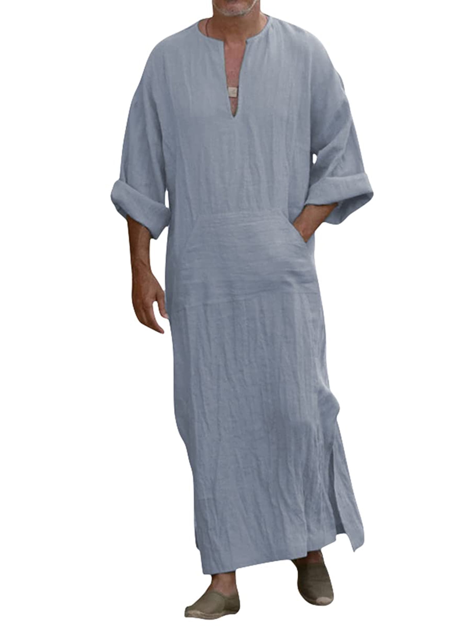 Mens Kaftan Half Sleeve V Neck Long Gown Saudi Arab Thobe Mid-East ...