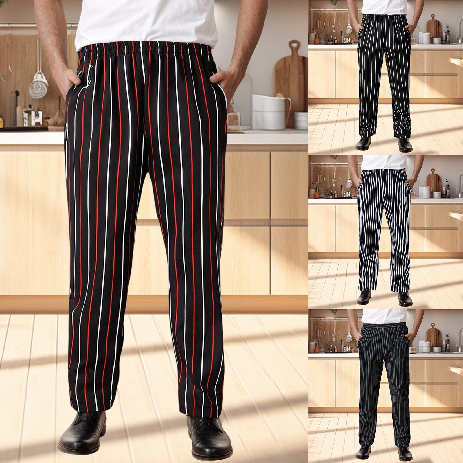 Mens Kitchen Work Chef Pant Loose Stripe Straight Leg Pants Breathable ...