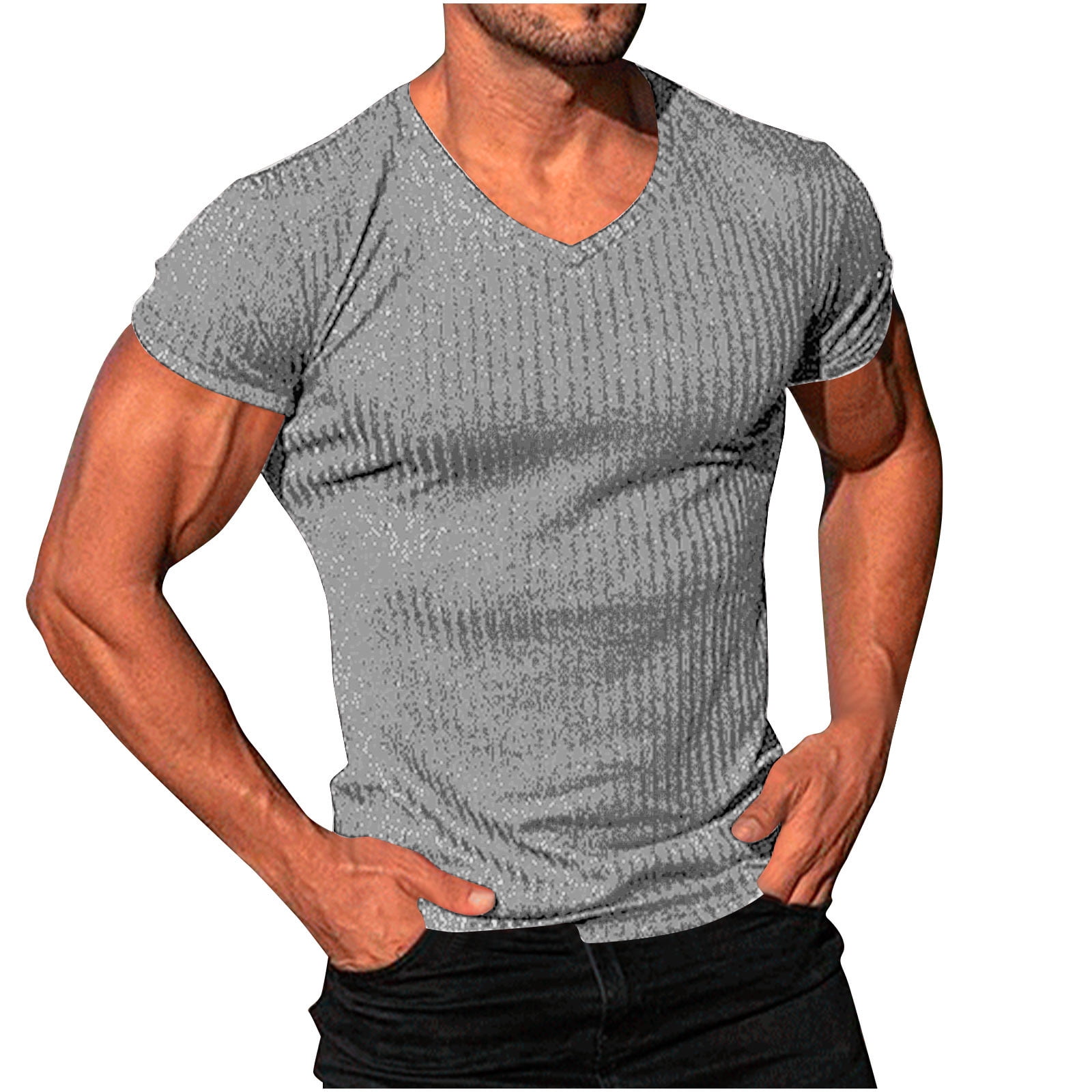 Mens Knit T Shirts Slim Fit Casual V Neck Short Sleeve Men Fashion Ribbed Knit Vintage Sweater ...