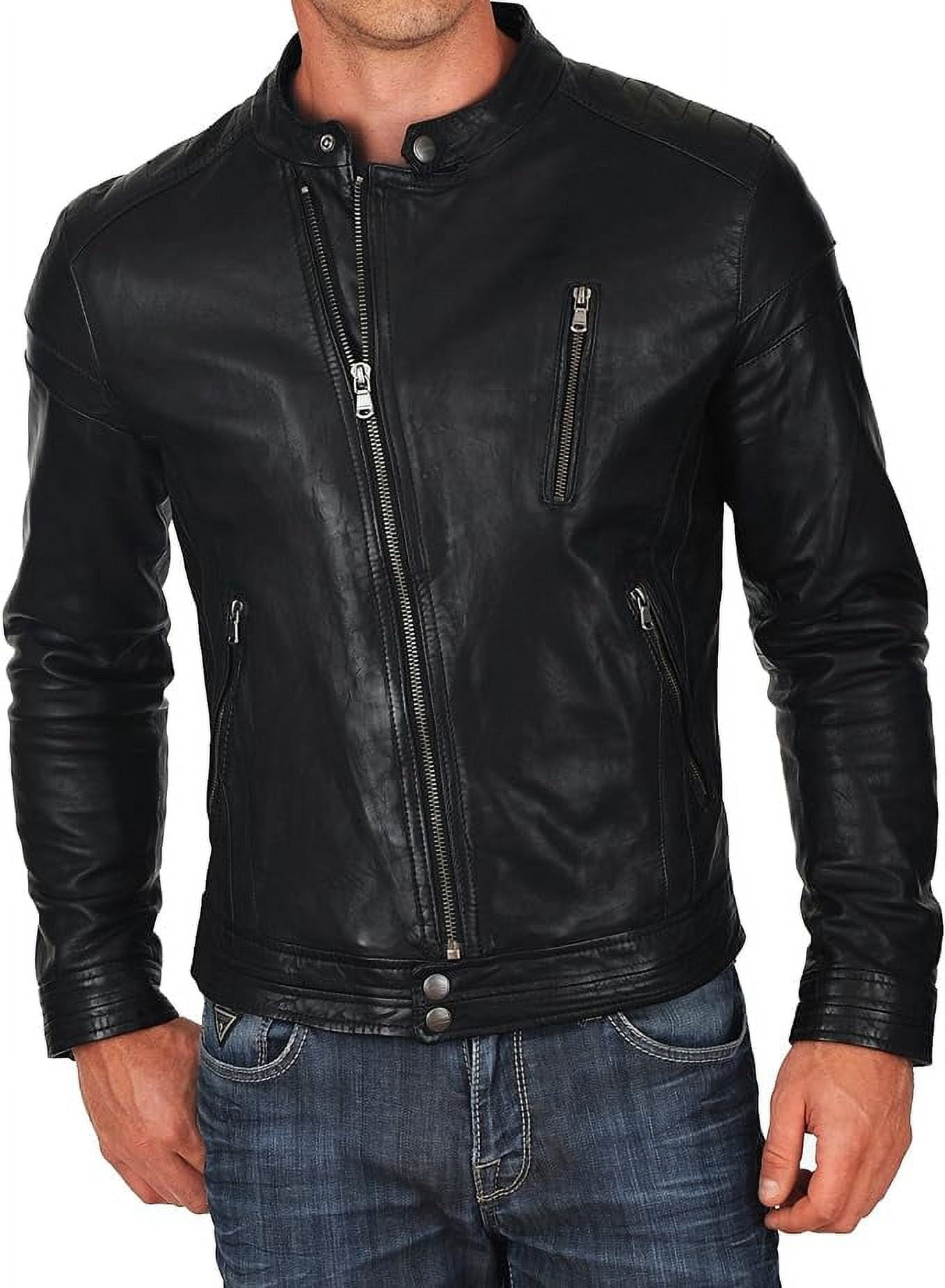 Mens Leather Jacket Slim Fit Biker Motorcycle Black Genuine Lambskin ...