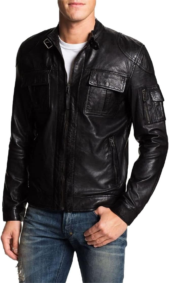 Mens Leather Jacket Slim Fit Biker Motorcycle Genuine Lambskin Jacket Coat A200 - Walmart.com