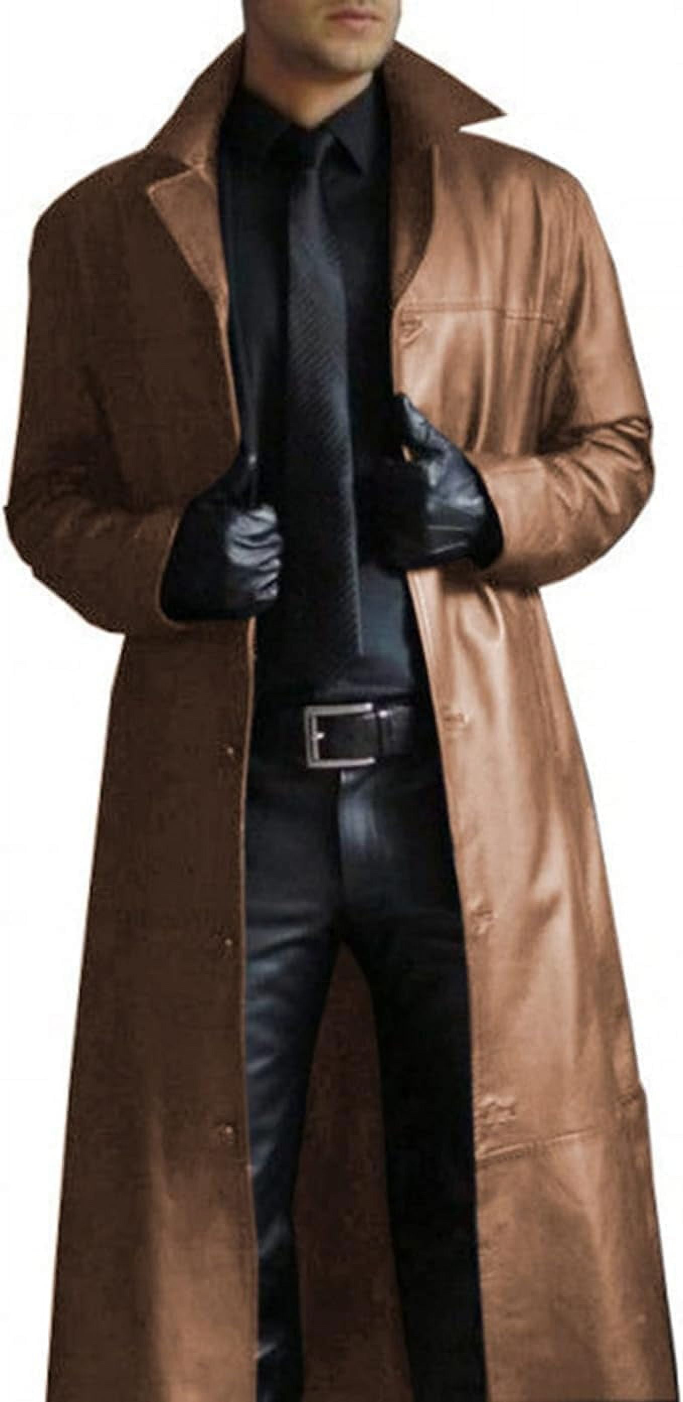 Mens Leather Trench Coat Full Length Black Classic Faux Leather Long ...