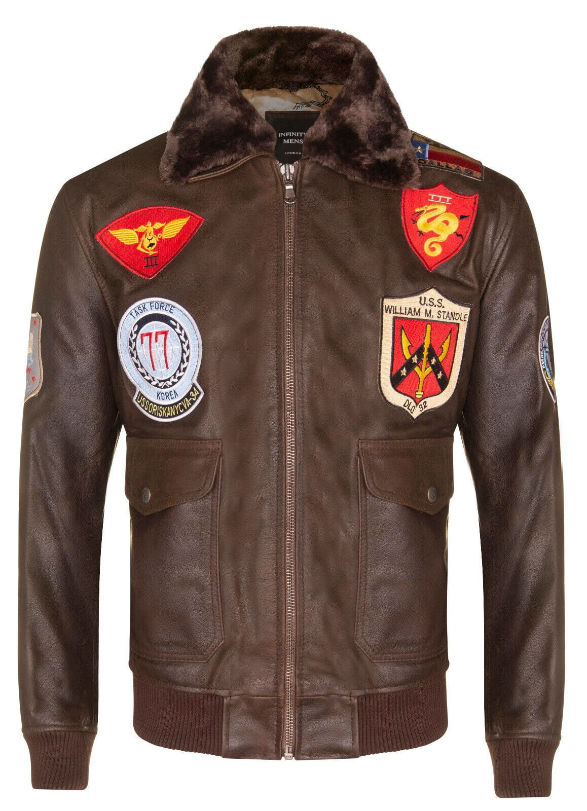 Mens Leather US Aviator Bomber Jacket - Crook in Brown - Walmart.com