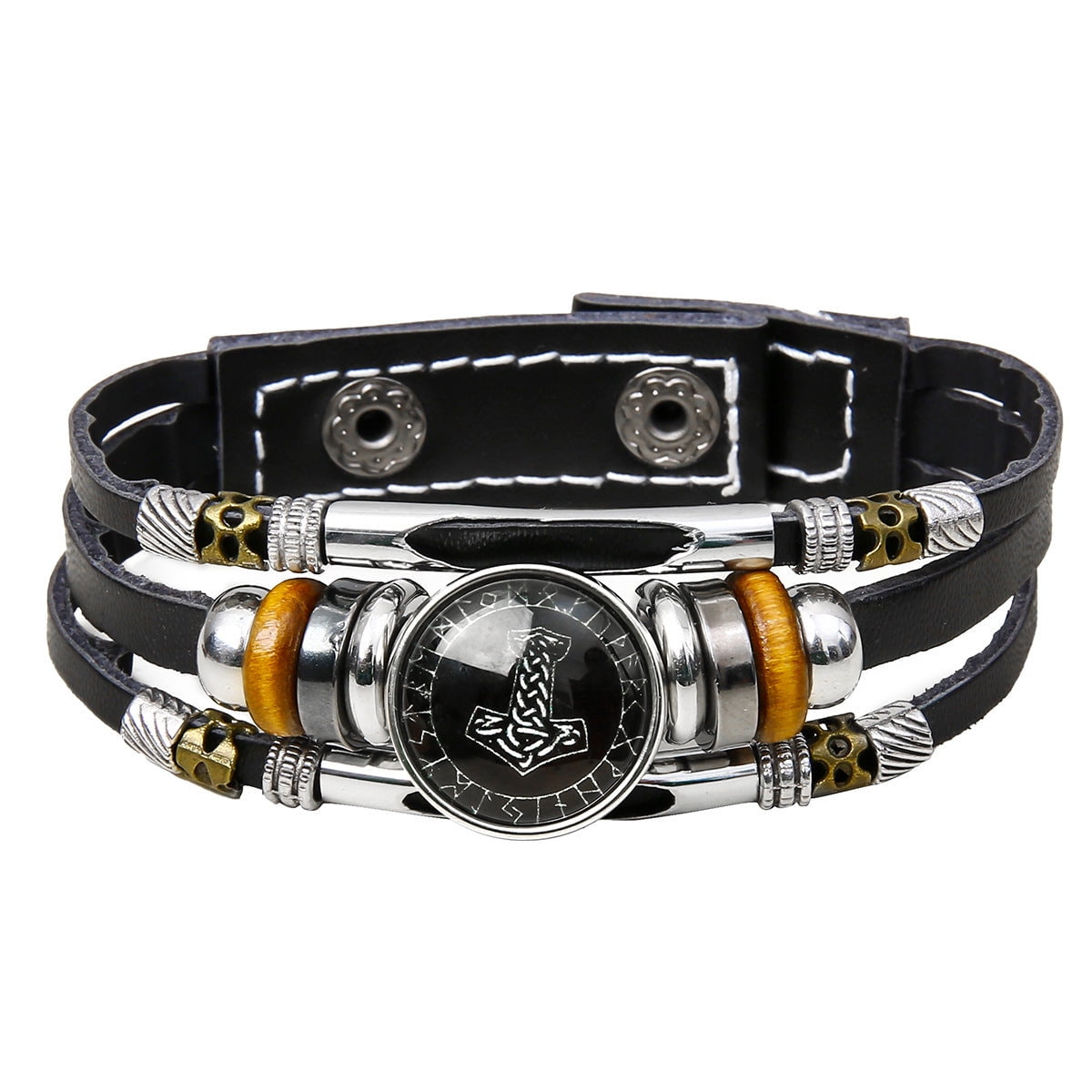 Mens Leather and Stainless Steel Multi-Layered Viking Compass Bracelet ...
