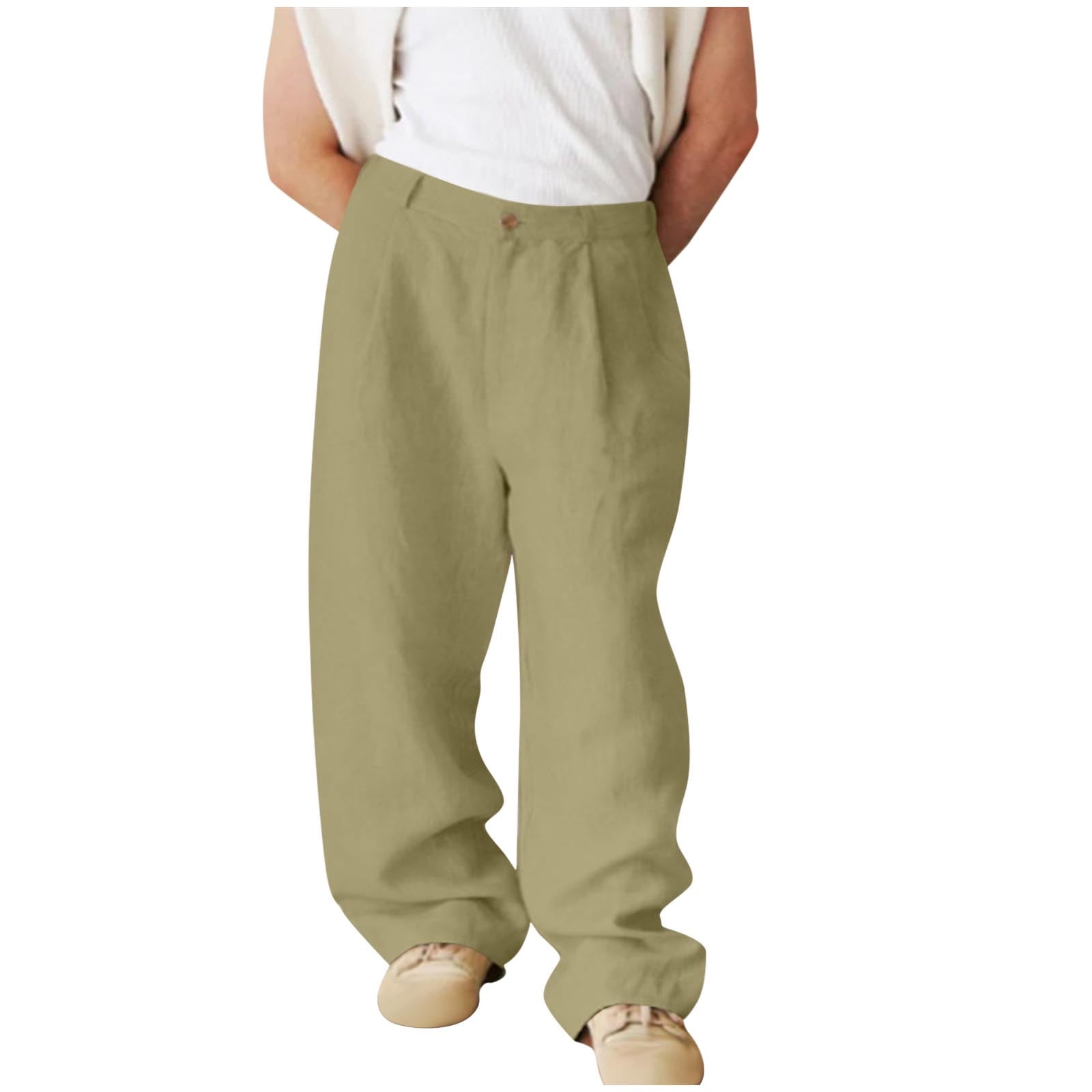 Mens Linen Pants Elastic Waist Beach Trousers with Pockets Wide Summer ...
