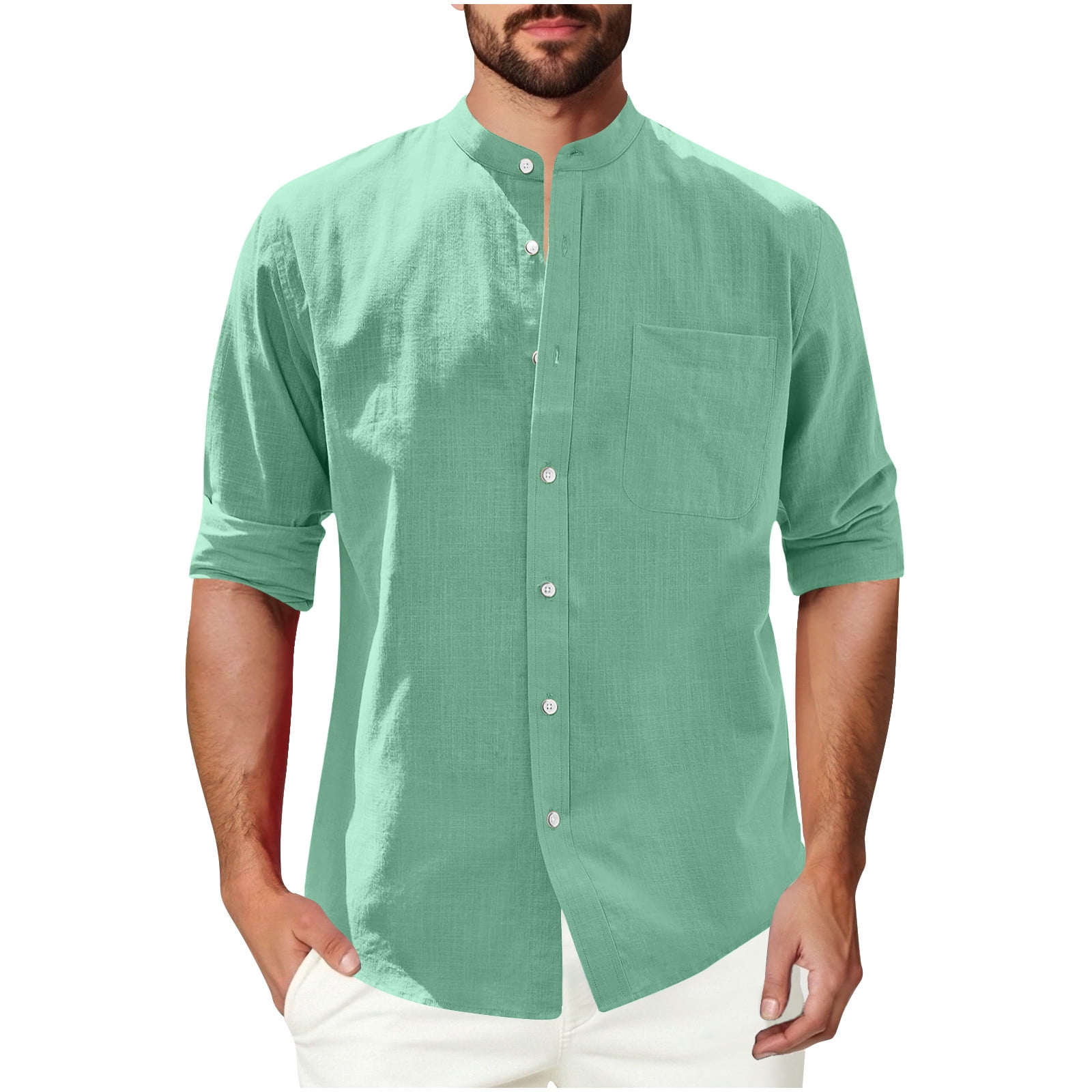 Mens Linen Shirts,Solid Color Stand Collar Long Sleeve Button Down Shirt with Pocket Blouses ...