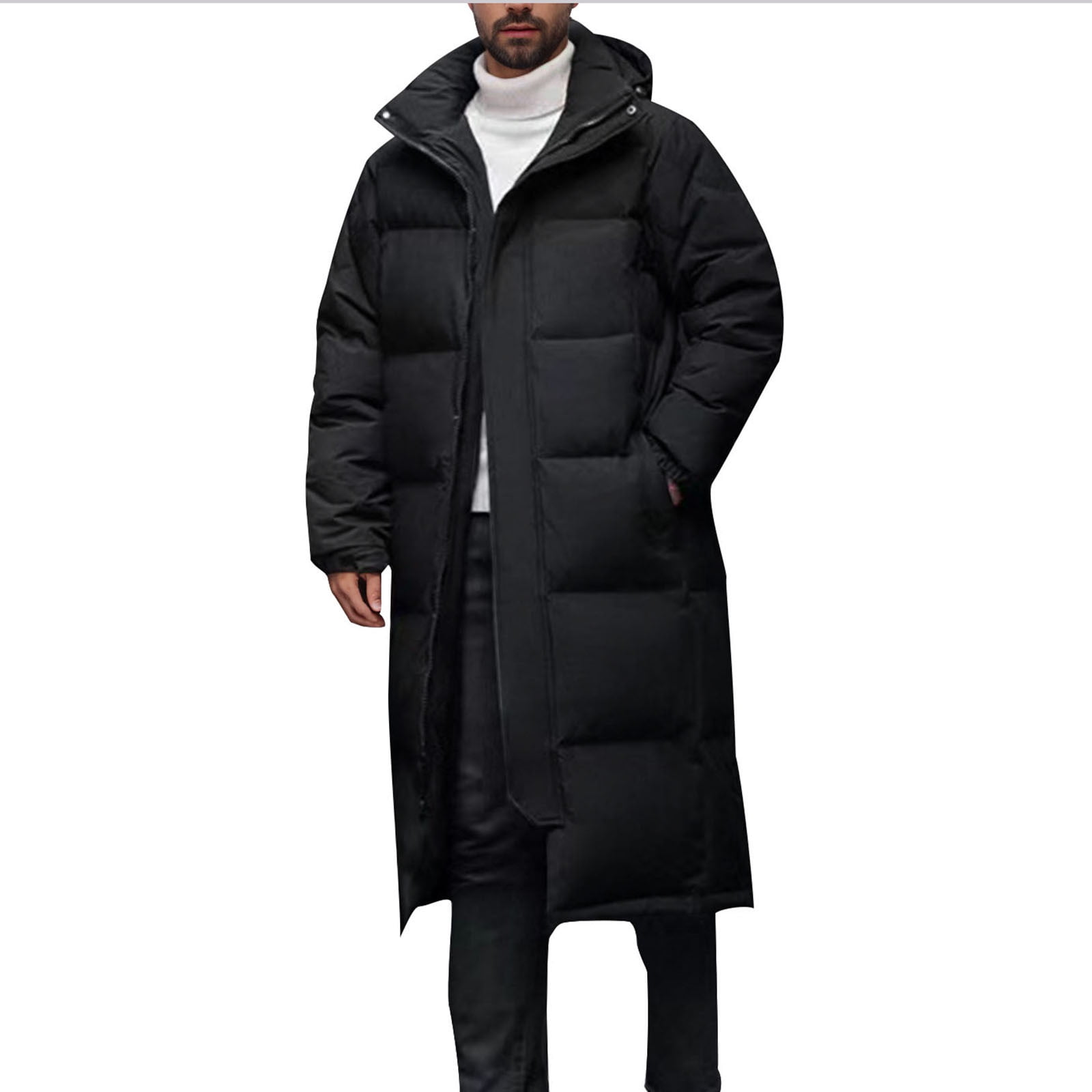 Mens Long Puffer Jacket Winter Warm Hooded Quilted Jacket with Pockets ...