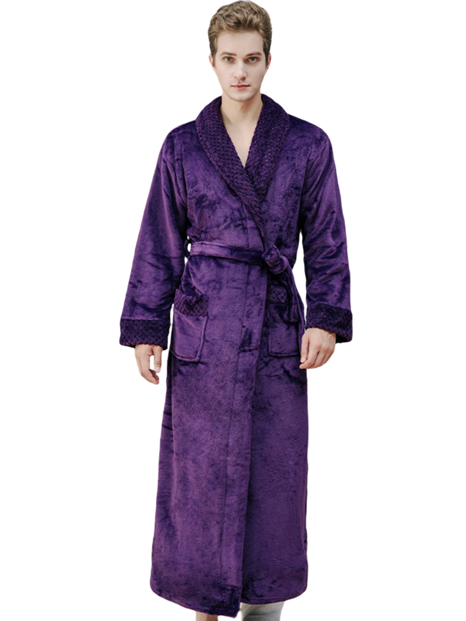 Mens Long Sleeve Flannel Plush Bathrobe,Full Length Long Bathrobe ...