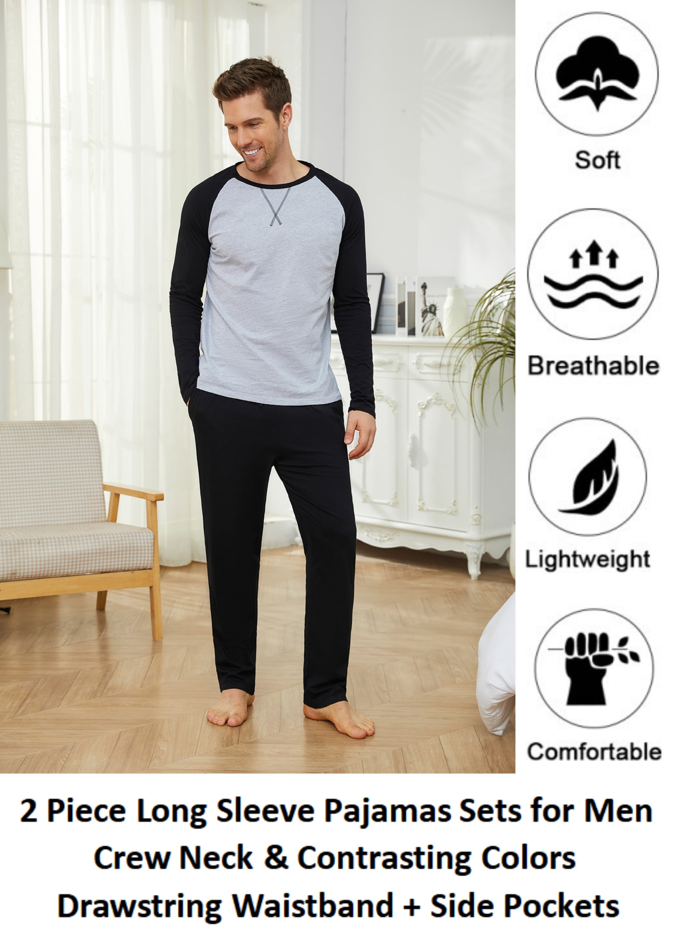 Mens Long Sleeve Pajama Set Men's Cotton Pajamas 2 Pieces Mens Warm ...