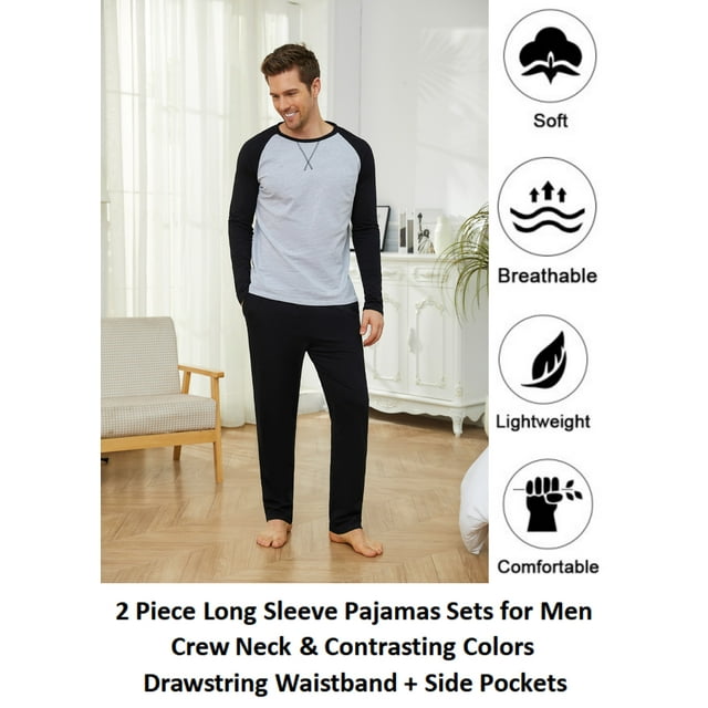 Mens Long Sleeve Pajama Set Men's Cotton Pajamas 2 Pieces Mens Warm ...