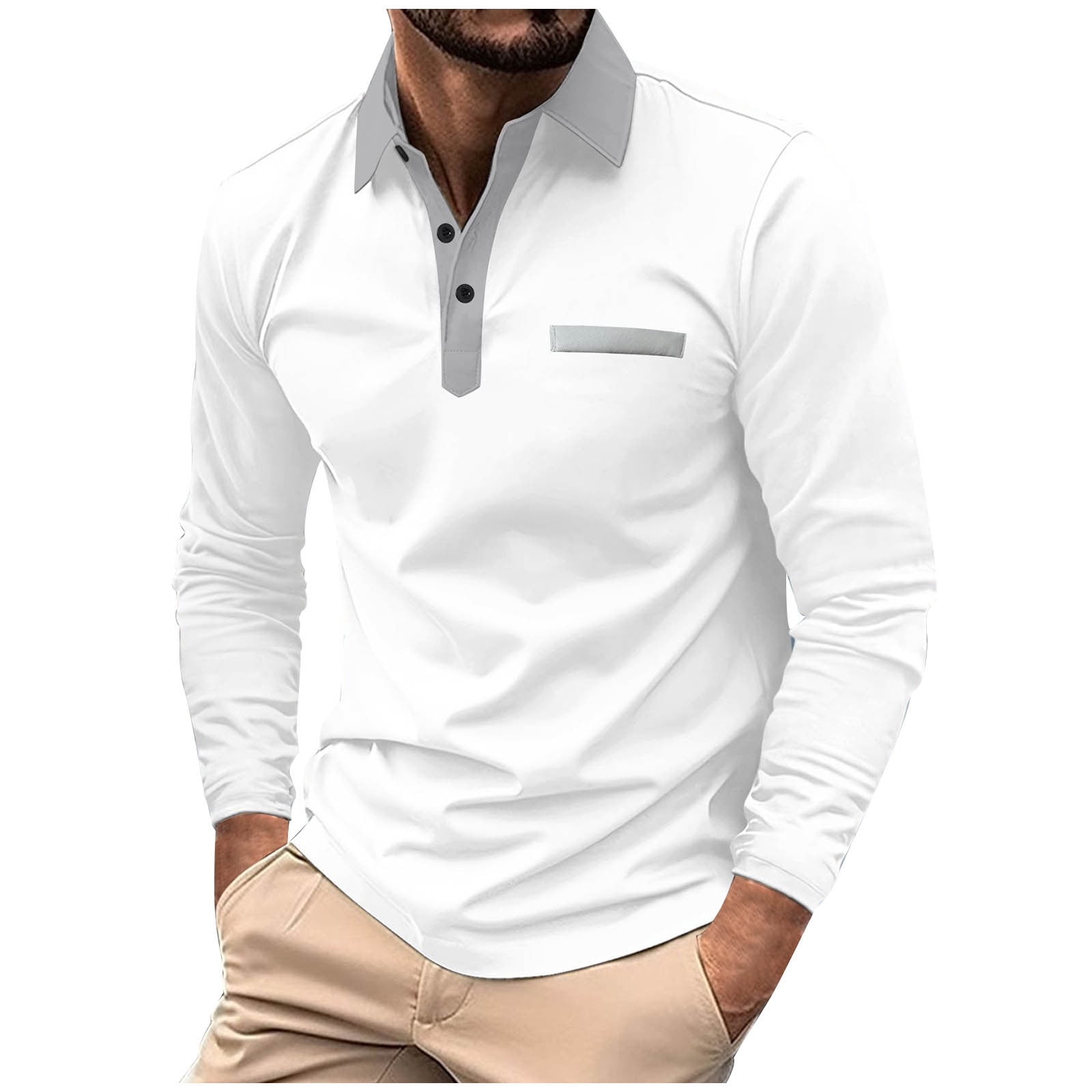 Mens Long Sleeve Polo Shirt with Pockets Classic Fit Dual Tipped Button ...