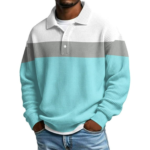 Mens Long Sleeve Polo Shirts Color Block Waffle Knit Collar Shirt ...