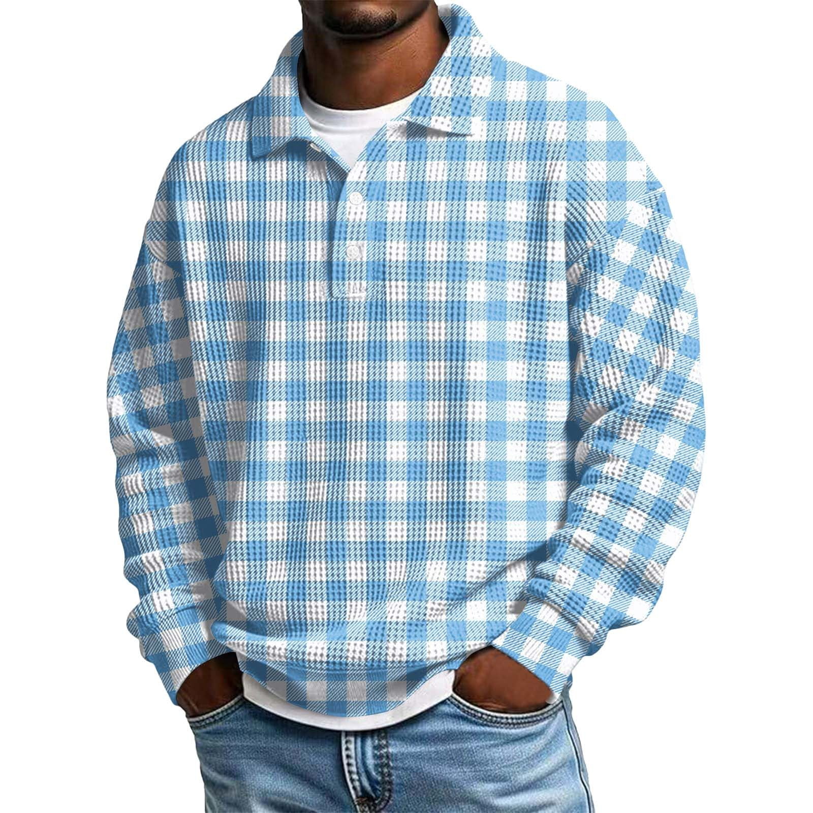 Mens Long Sleeve Polo Shirts Plaid Waffle Knit Collar Shirt Spring Fall ...