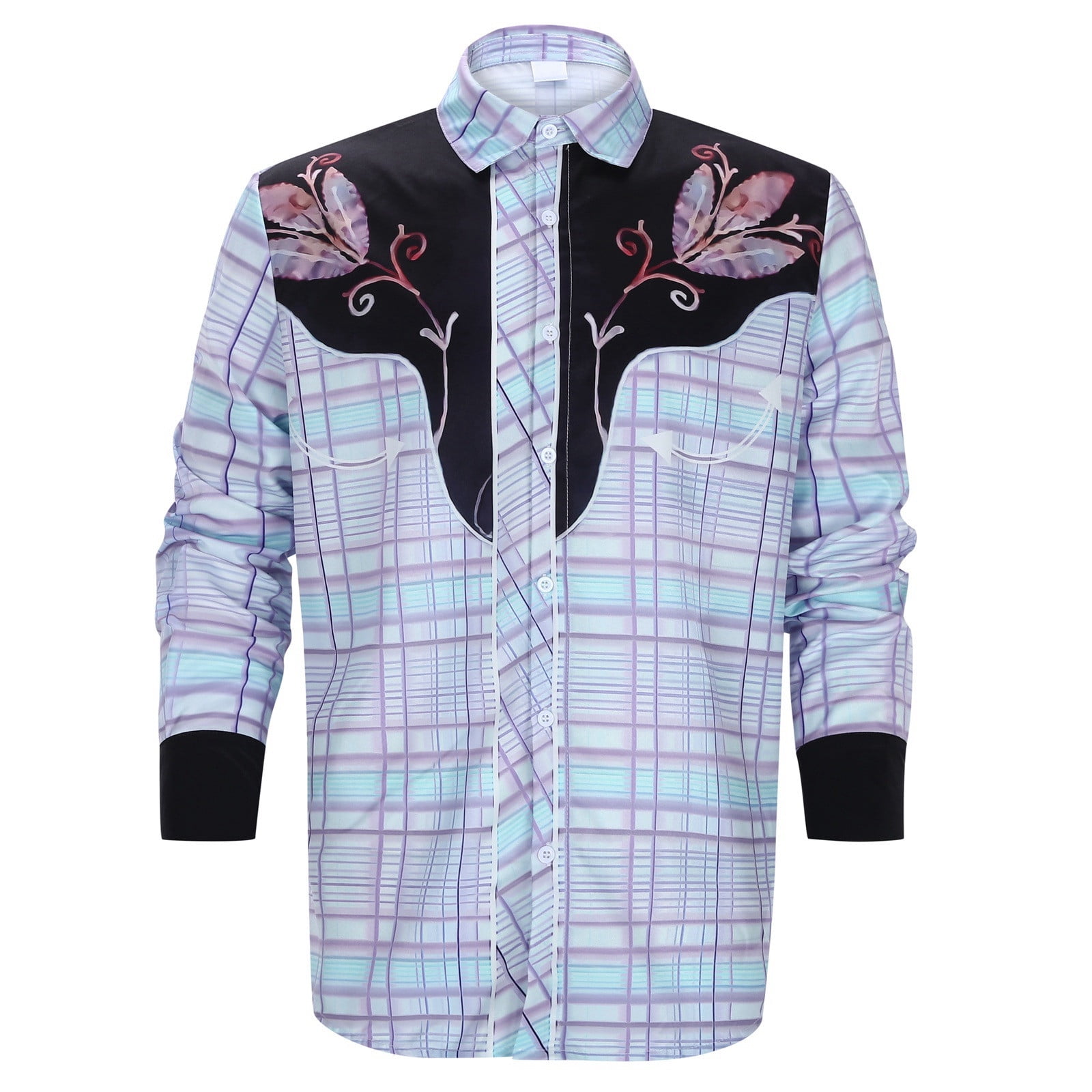Mens Long Sleeve Shirt Western Cowboy Embroidered Slim Fit Casual ...