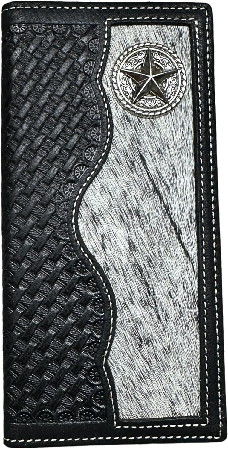 Mens Long Wallet Basketweave Black Leather Soft Leather Cow Hair ...