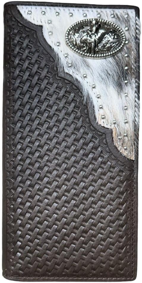Mens Long Wallet Basketweave Coffee Soft Leather Cow Hair Checkbook ...