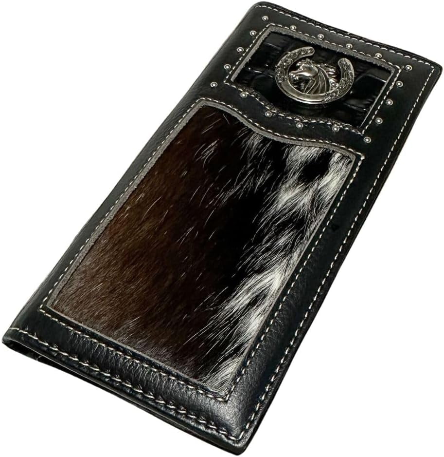Mens Long Wallet Black Leather Soft Leather Cow Hair Checkbook Style ...