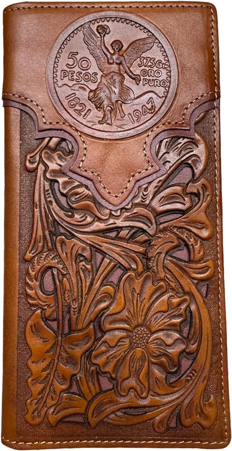 Mens Long Wallet Floral Cutout Layered Brown Leather Mexican 50 Peso ...