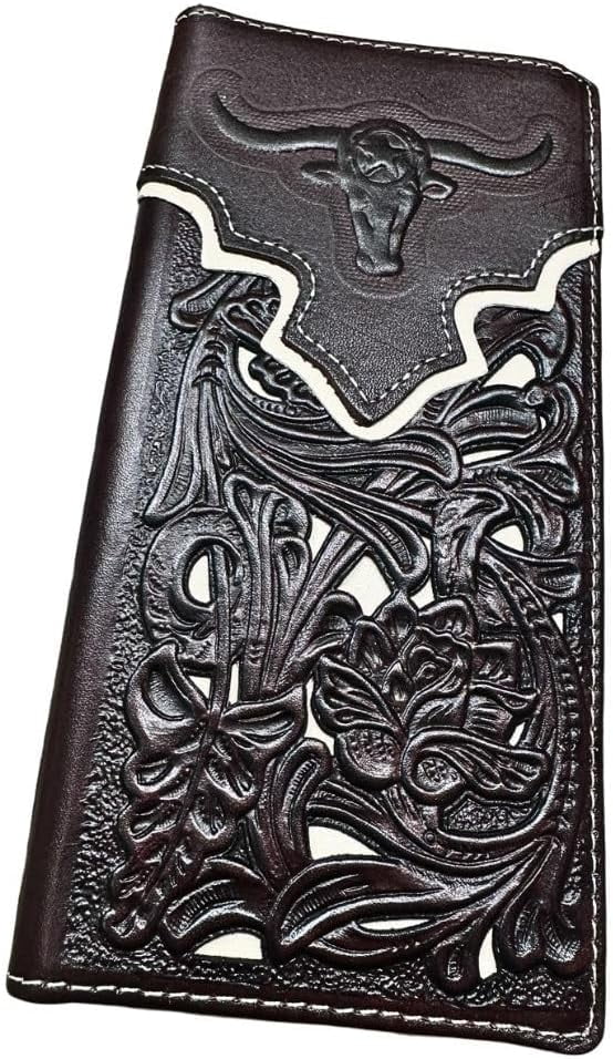 Mens Long Wallet Floral Embossed Longhorn Leather Coffee White Soft ...