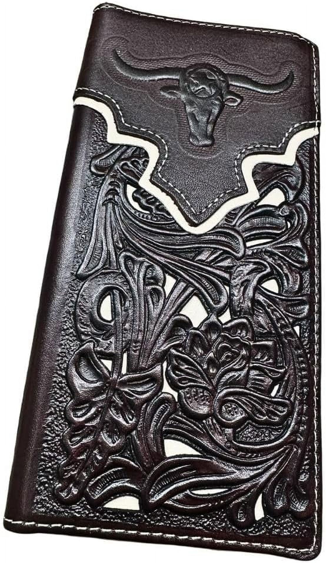 Mens Long Wallet Floral Embossed Longhorn Leather Coffee White Soft ...