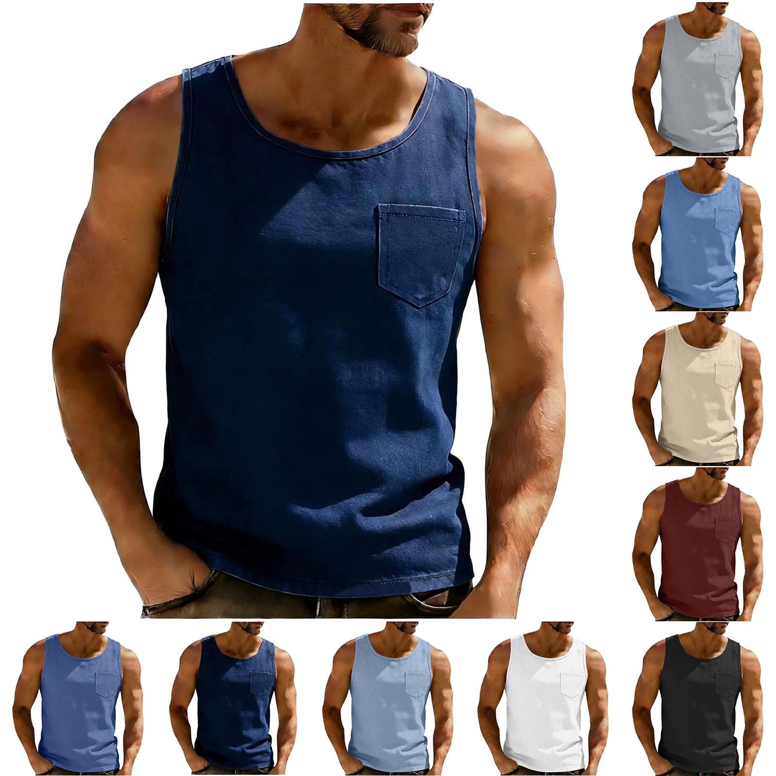 ZVAVZ Mens Loose Fit Tank Top with Chest Pocket Solid Crew Neck Casual ...