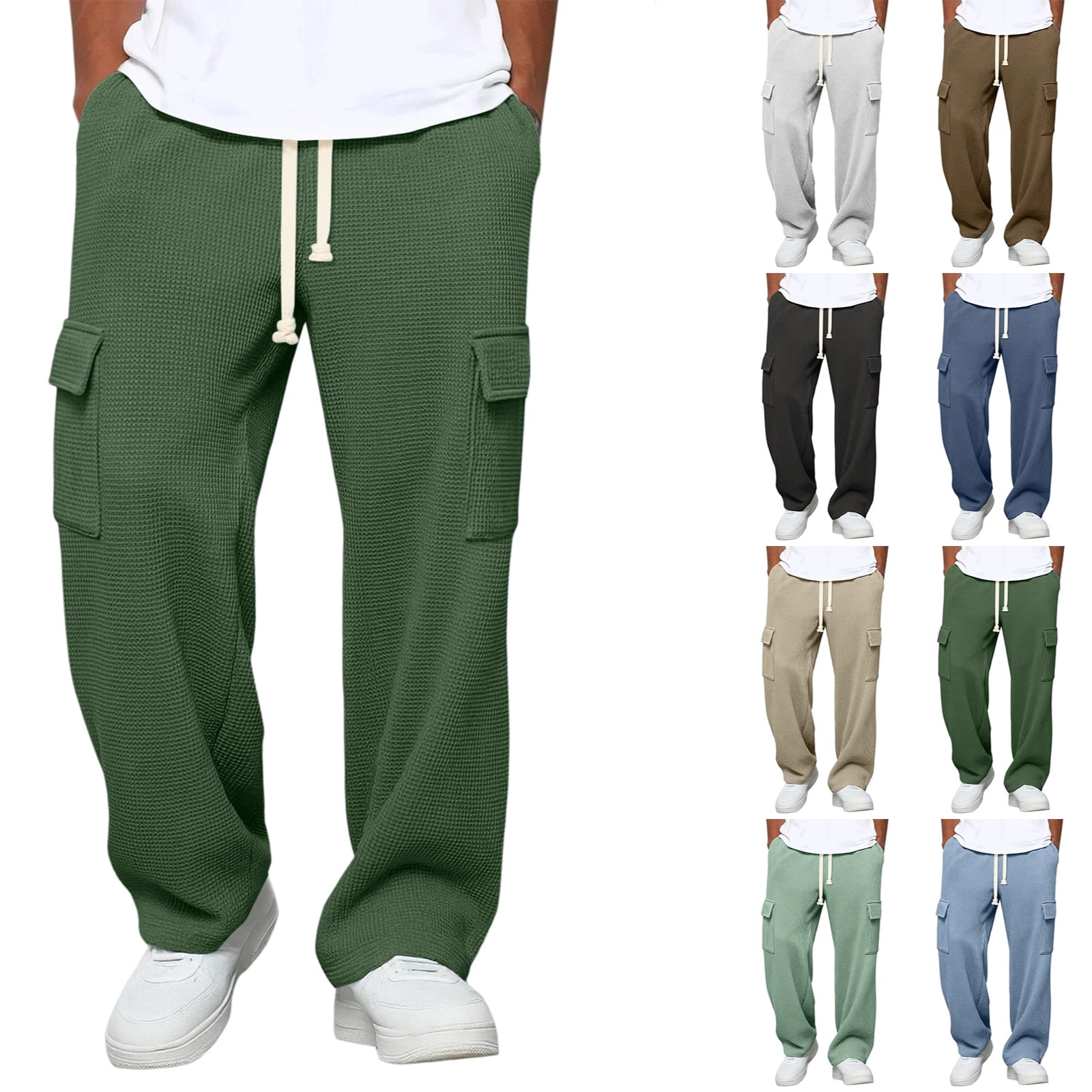 Mens Lounge Pants Waffle Knit Textured Casual Pants Elastic Waist Multi ...