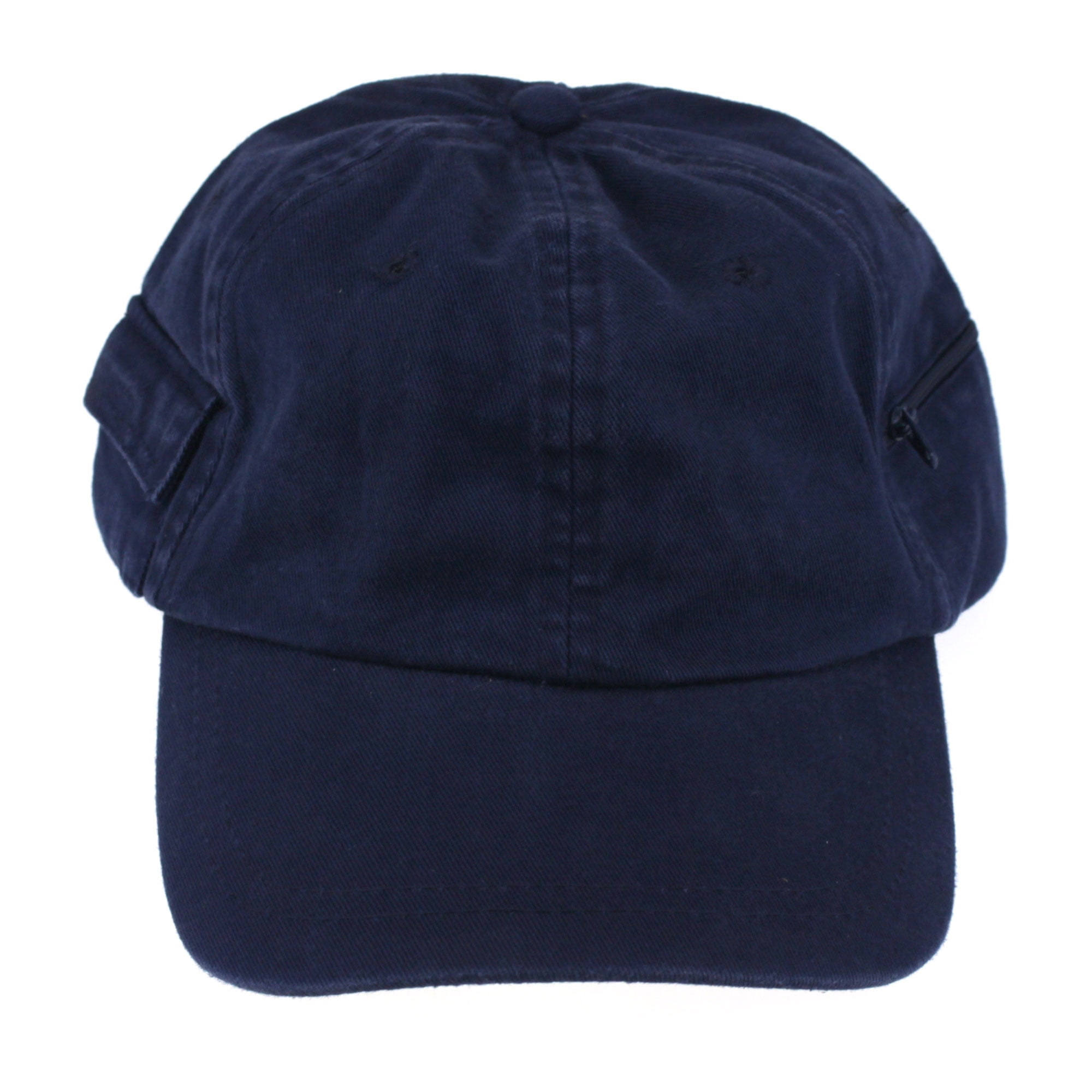 Mens Low Crown Cap w/ Zipper & Hook and Loop Side Pockets Navy ...