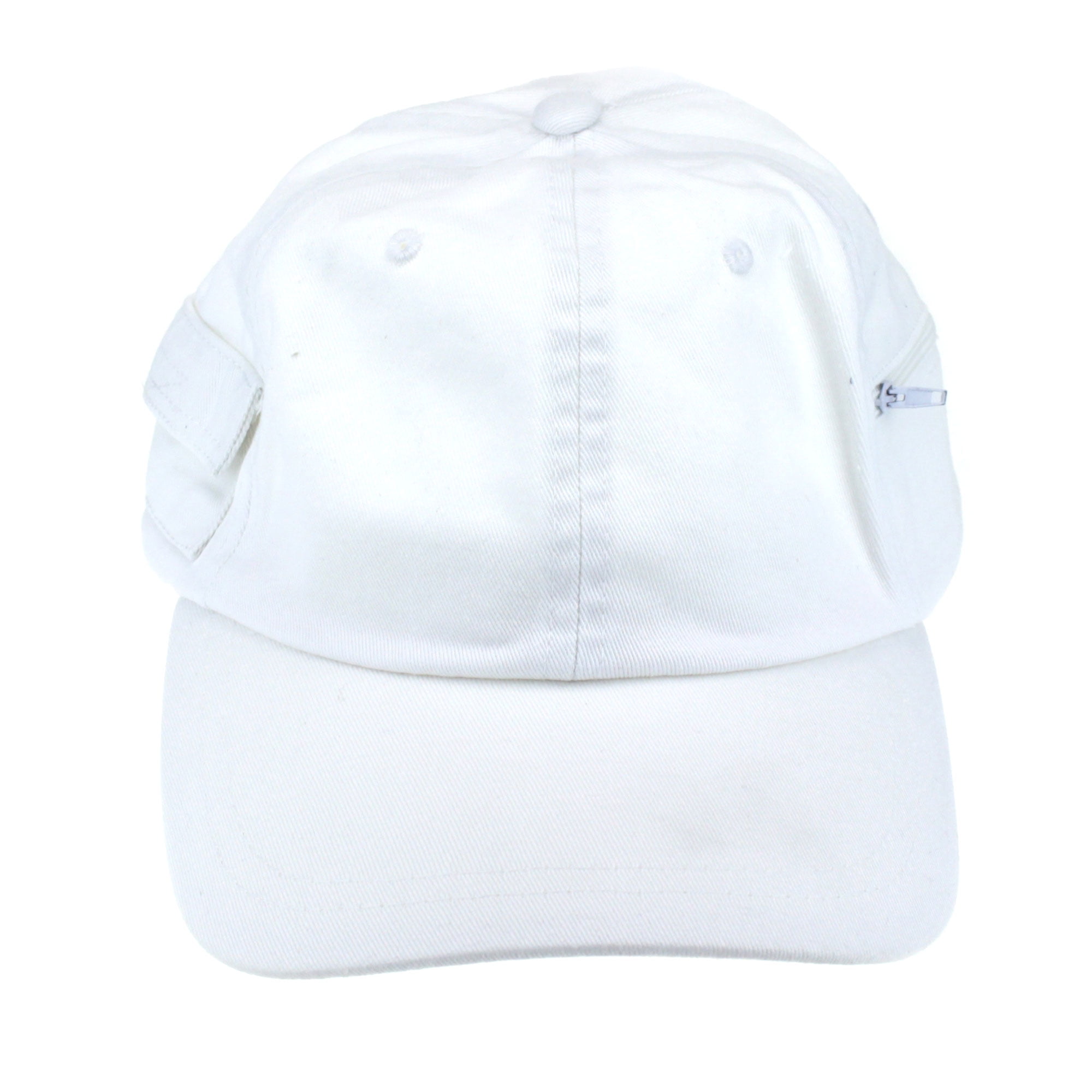 Mens Low Crown Cap w/ Zipper & Hook and Loop Side Pockets White ...