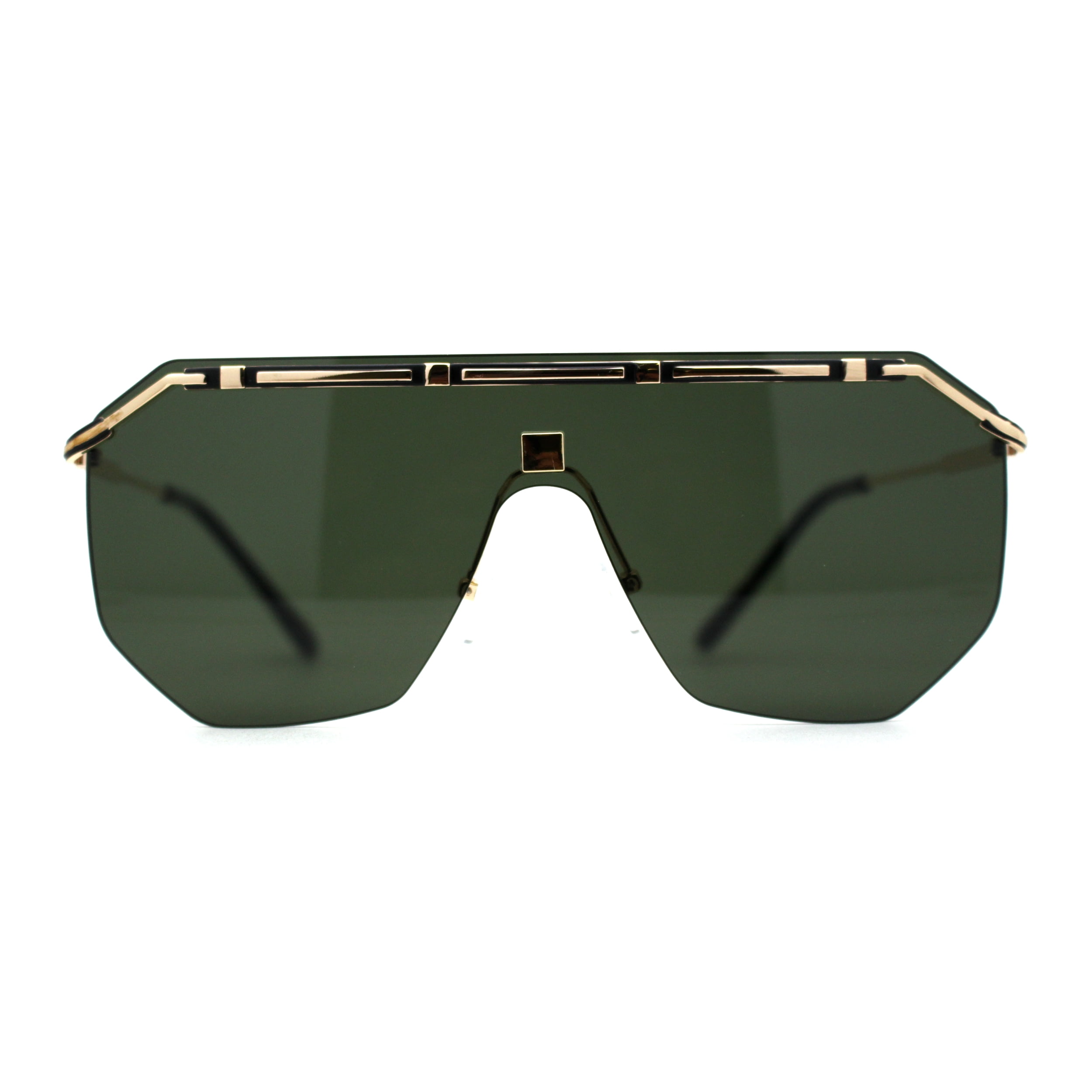 Mens Luxury Flat Top Shield Robotic Mob Metal Rim Sunglasses Gold Green ...