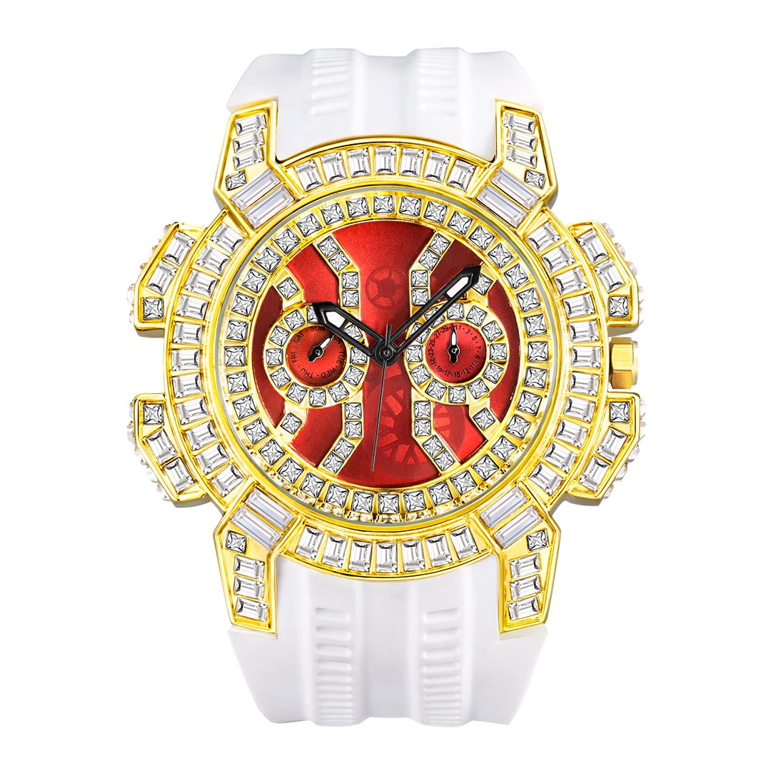 Mens Luxury Red Quartz Watch with Rhinestones - Calendar, Date, Pointer ...