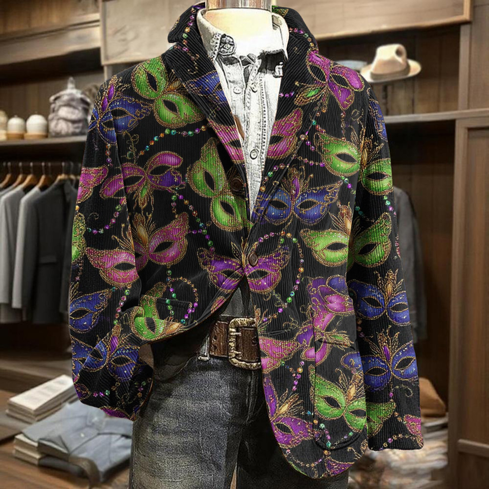 Mens Mar-di Gras Corduroy Blazer Jacket Funny Glitter Mask Print Sport ...