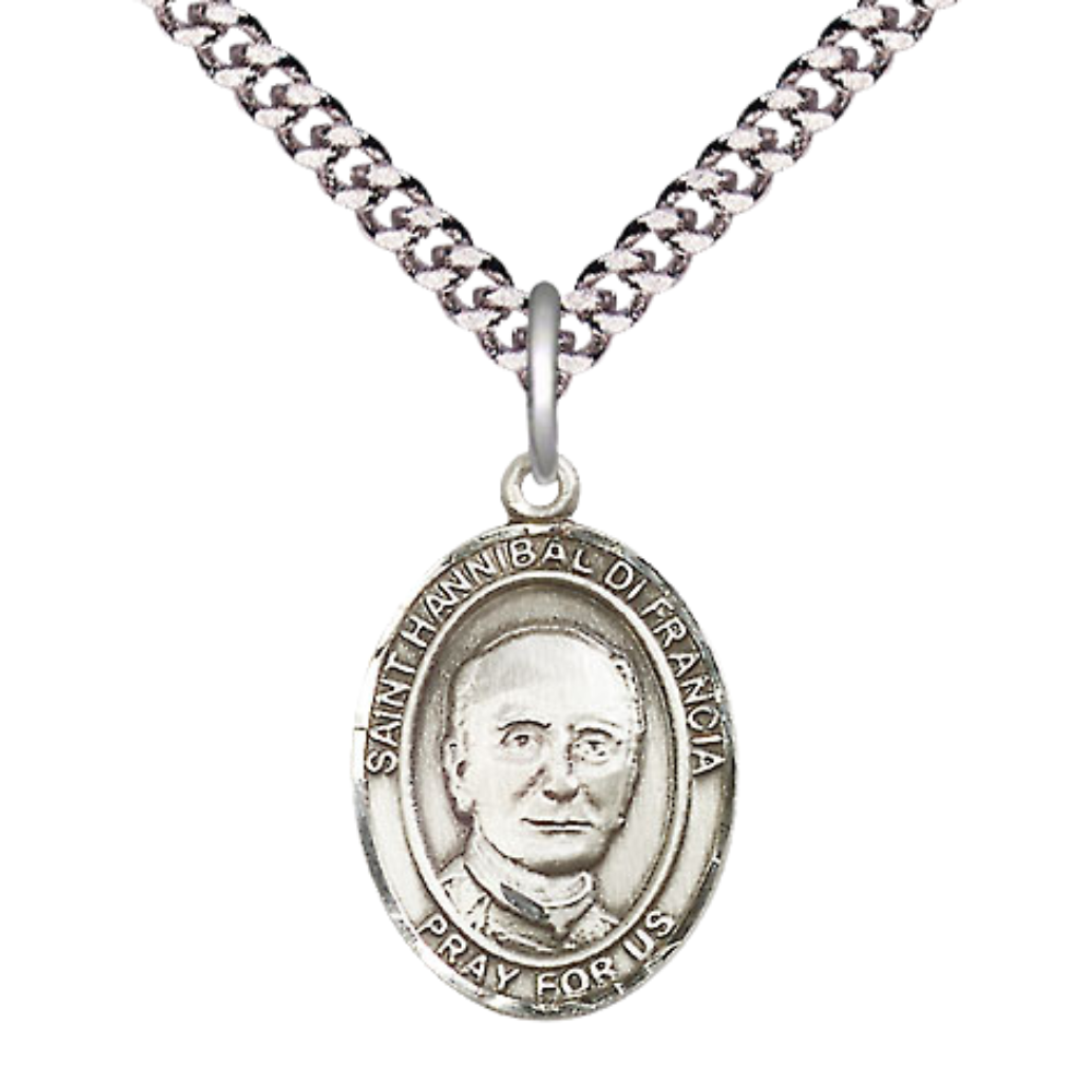 Mens Medium Oval Pewter Saint Hannibal Medal Pendant on 24" Rhodium ...