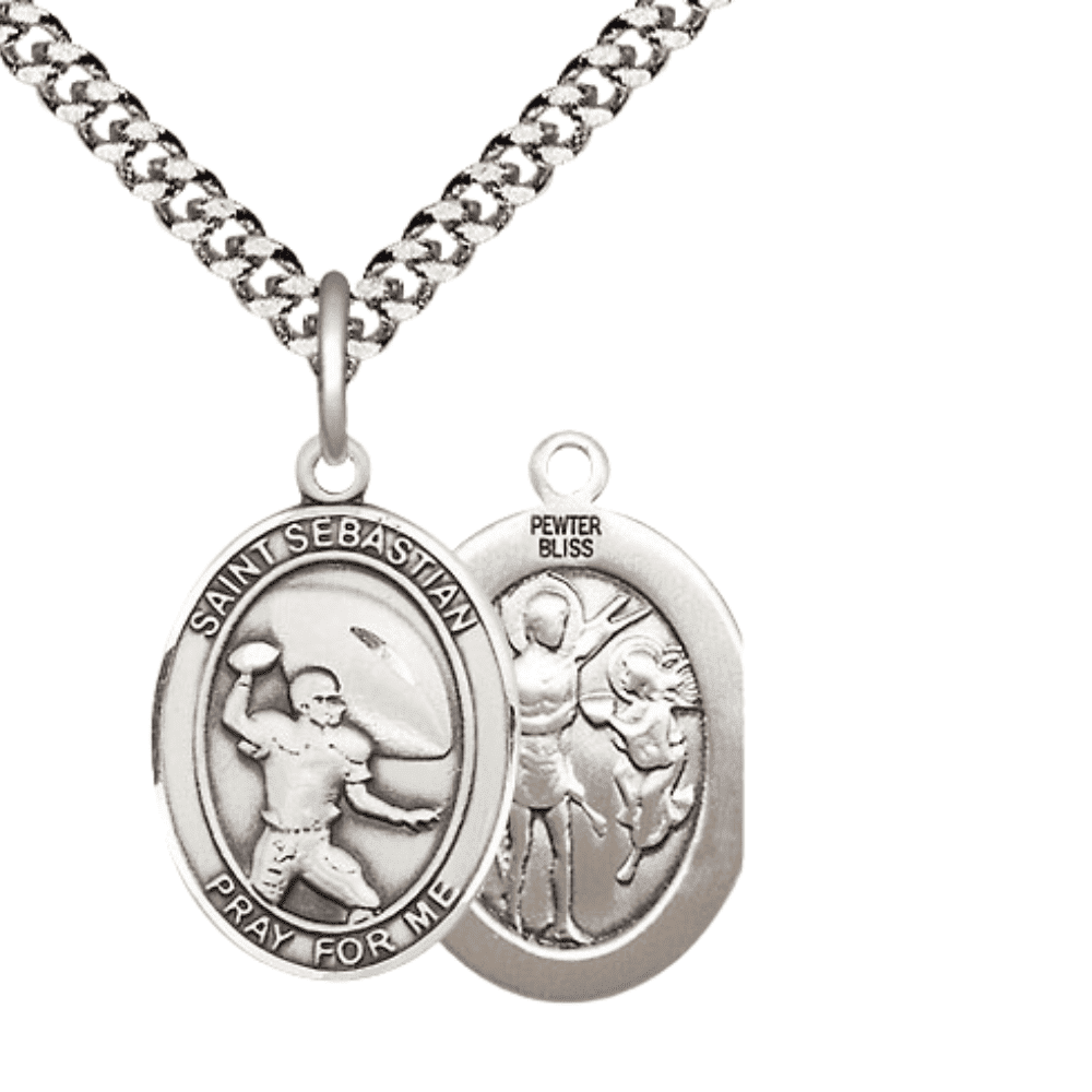 Medium Men's Oval Pewter Saint Sebastian Football Medal Pendant on 24 ...