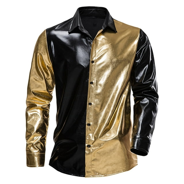 Mens Metallic Shirts Long Sleeve Shiny Shirt Clearance Color Block ...