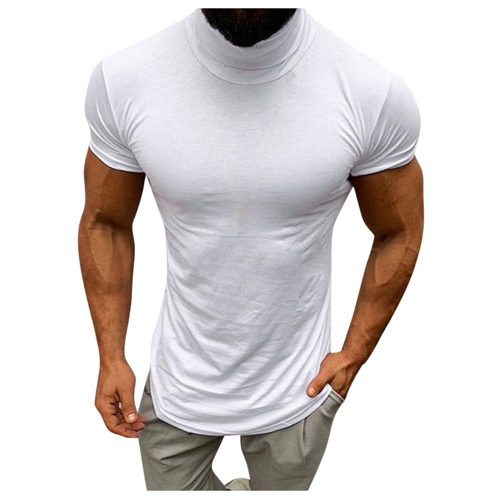 Mens Mock Turtleneck Sweater Short Sleeve Solid Color T-Shirts Basic Slim Fit Knitted Pullover ...