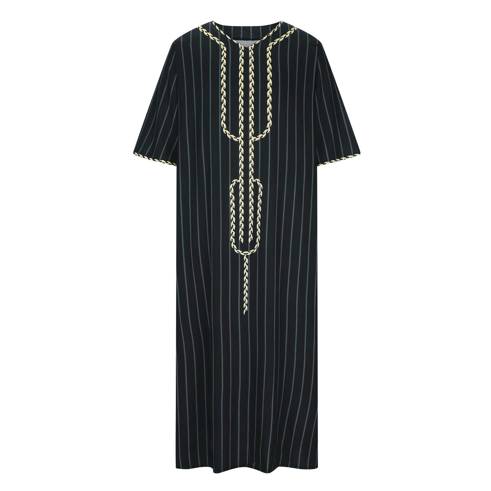 Mens Muslim Dresses V Neck Robes Striped Kaftan Middle East Saudi Arab ...