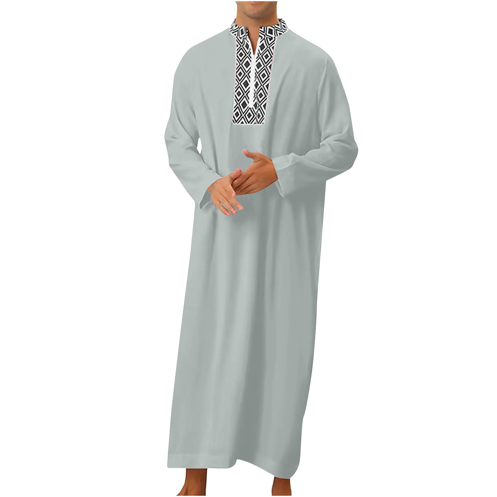 Mens Muslim Robe Long Sleeve Nightshirt Argyle Print Muslim Kaftan ...