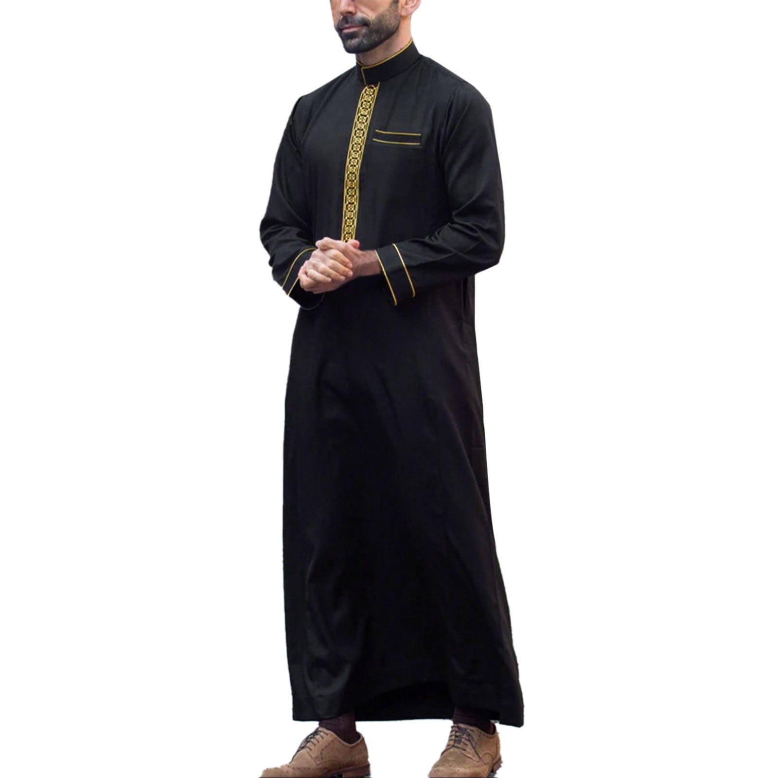 Mens Muslim Thobe Arabic Robe Long Sleeve Embroidered Stand Collar ...