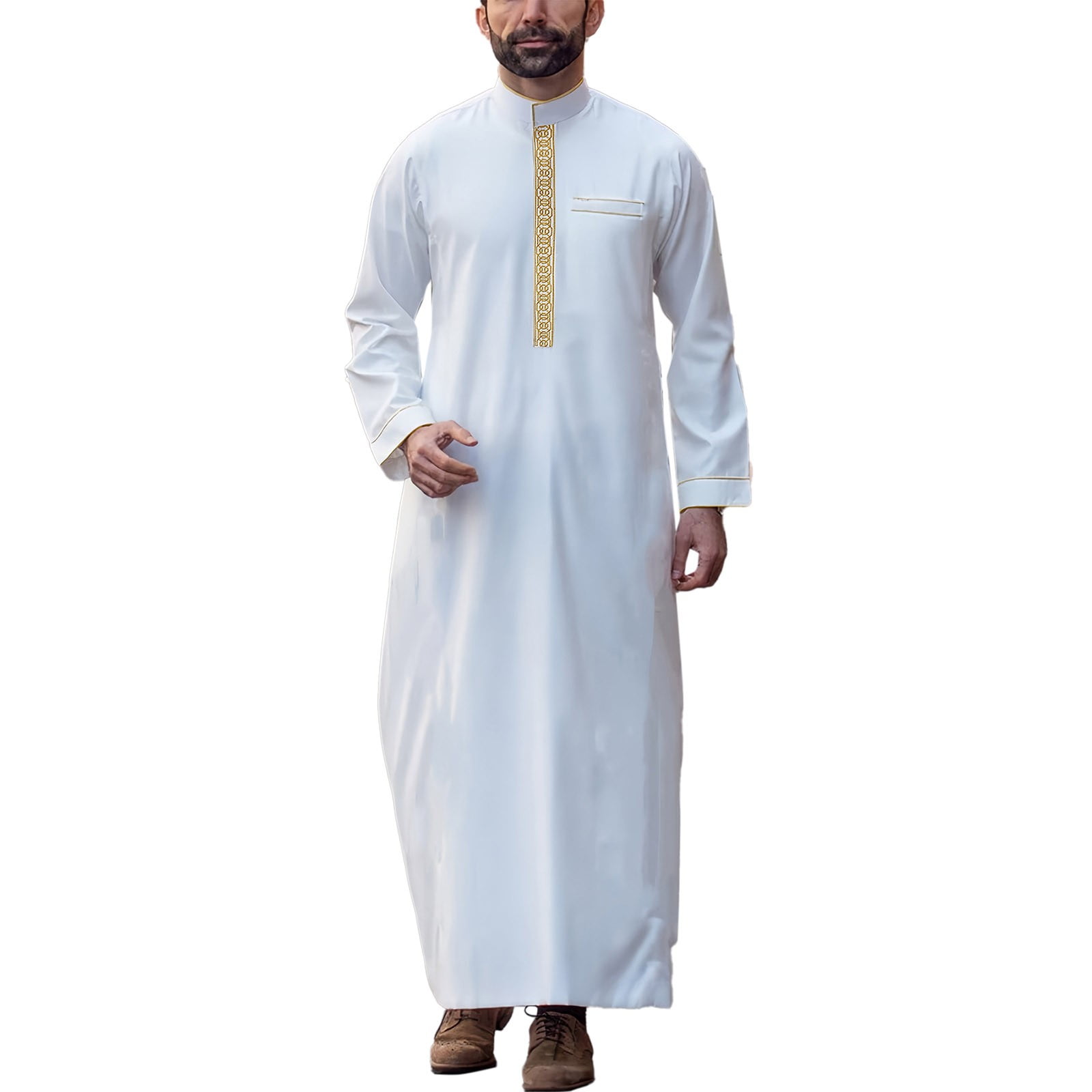 Mens Muslim Thobe Arabic Robe Long Sleeve Embroidered Stand Collar ...