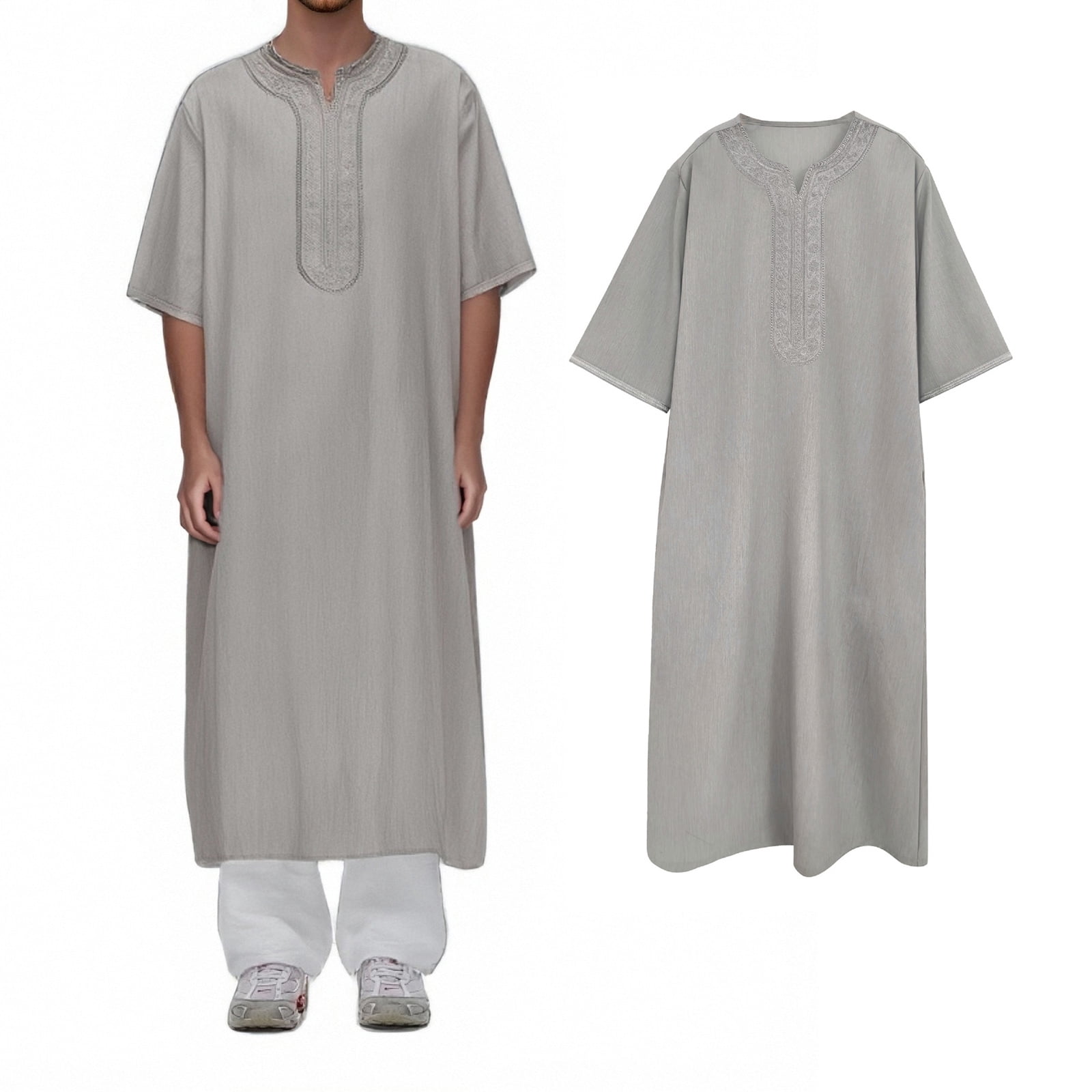 Mens Muslim Thobe Short Sleeve Embroidered Thobe Men Grey Thobe Men Eid ...