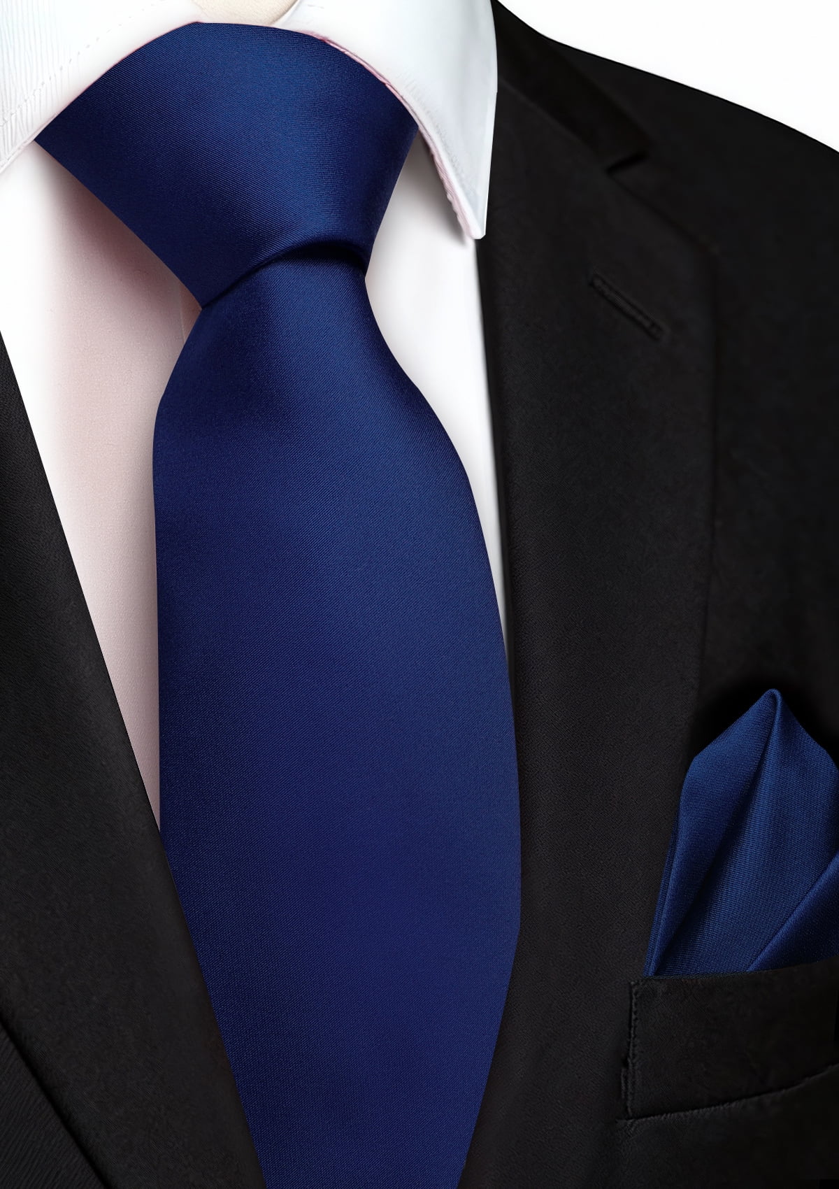 Mens Navy Blue Tie and Pocket Square Set with Tie Clip Silk Satin ...