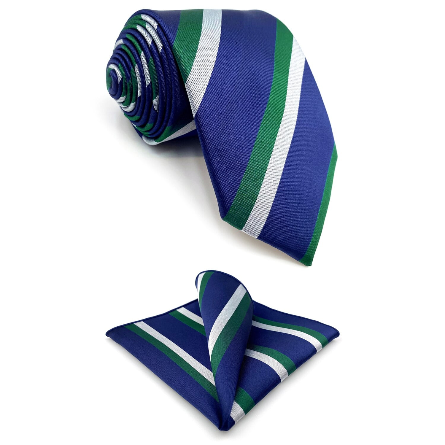 Mens Neckties Blue Striped Green Off-white for Men Suit Set with Matching Pocket Square 57.5 ...