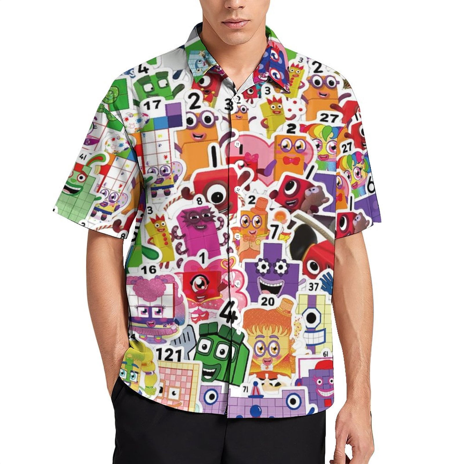 Mens Number Block Button Down Short Sleeve Dress Shirt Novelty Hawaiian ...