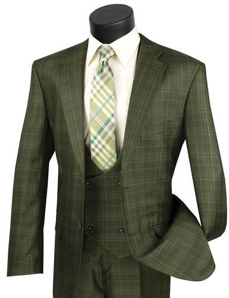 Mens Olive Green Plaid 3 Piece Suit Low Cut Vest 1920s Vinci V2RW-7 ...
