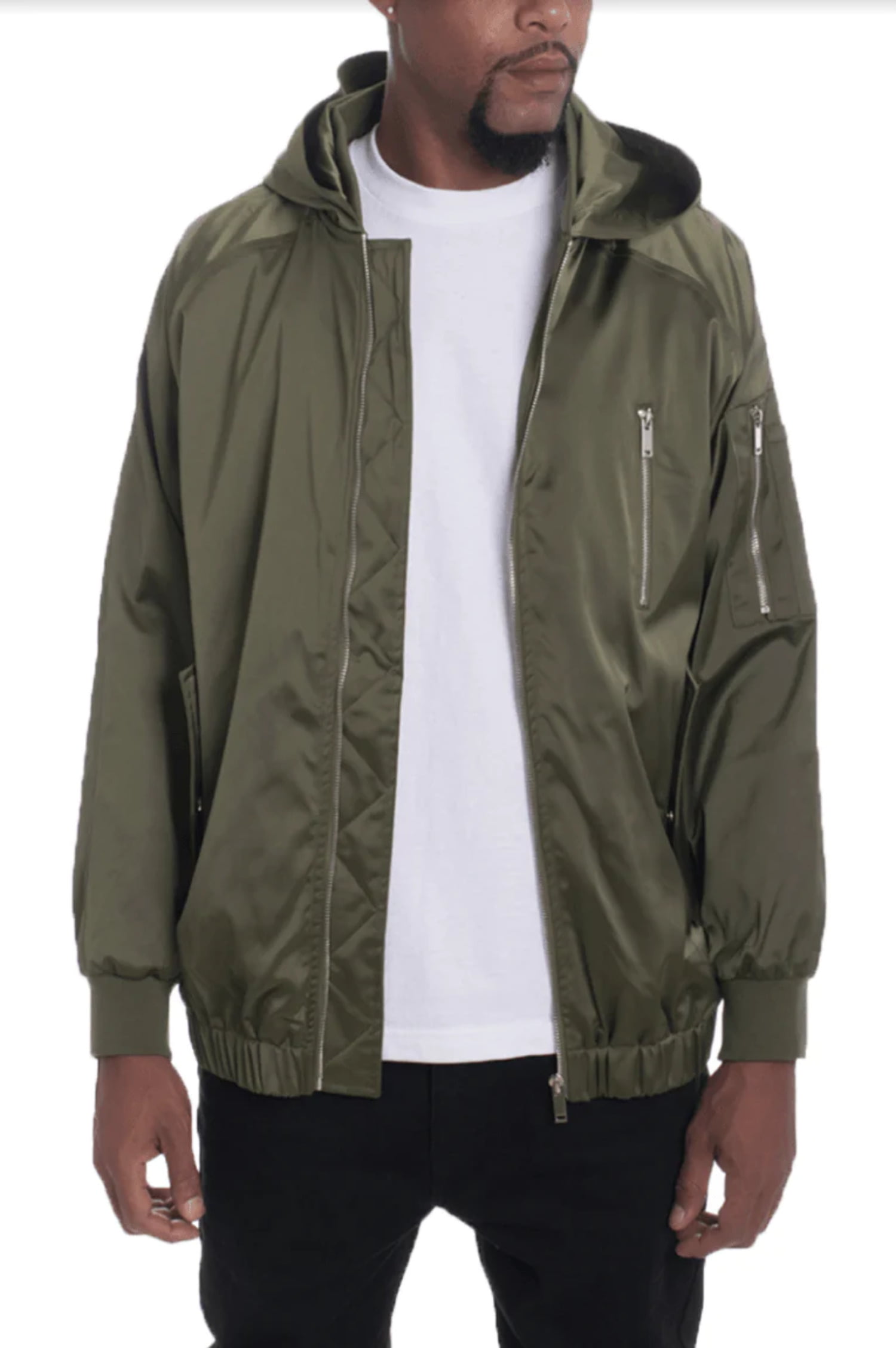 Mens Olive Green Satin Hoodie Bomber Jacket - Walmart.com