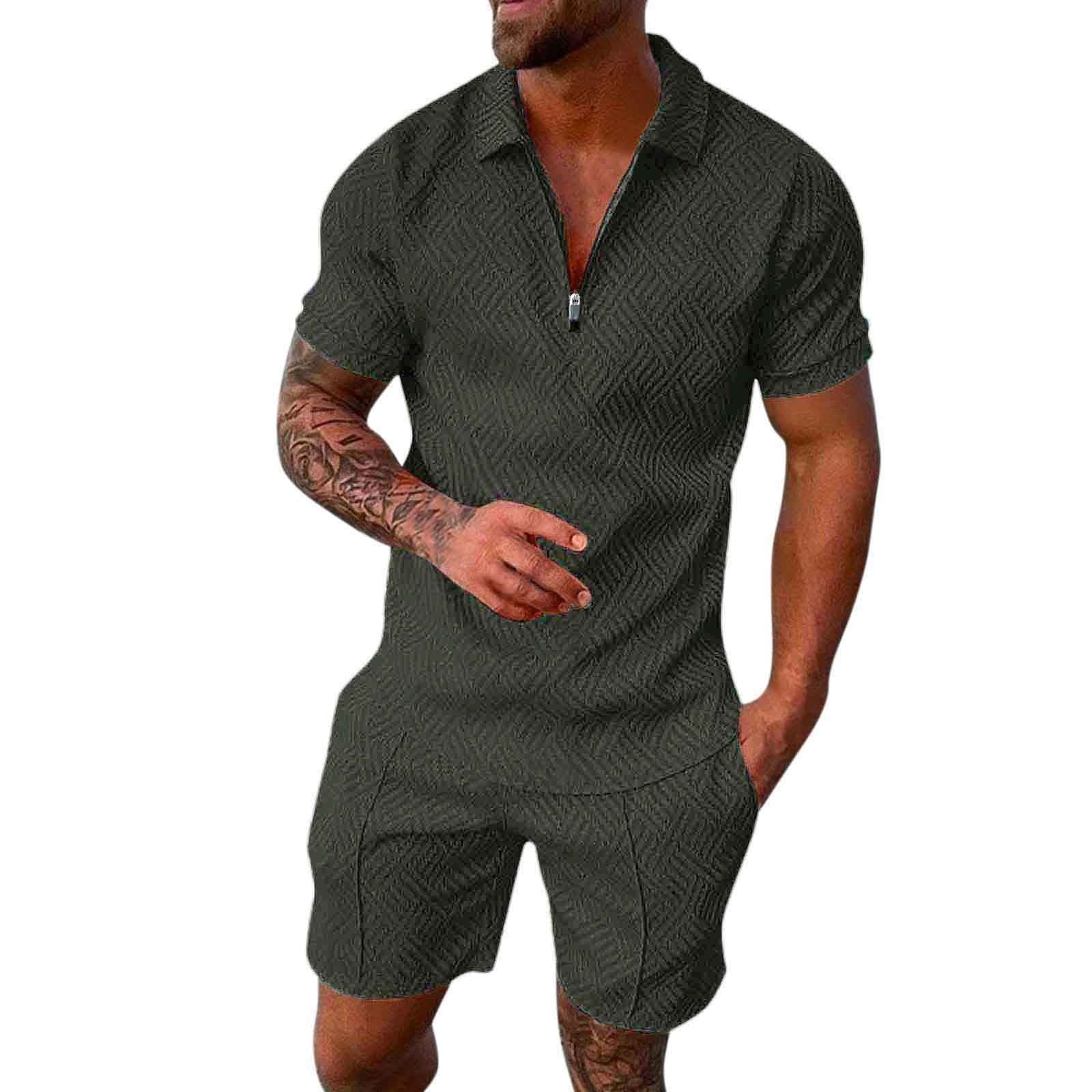 Mens Outfits 2 Piece Male Casual Striped Print Two Piece Suit Zipper Collar Short Sleeve Top ...