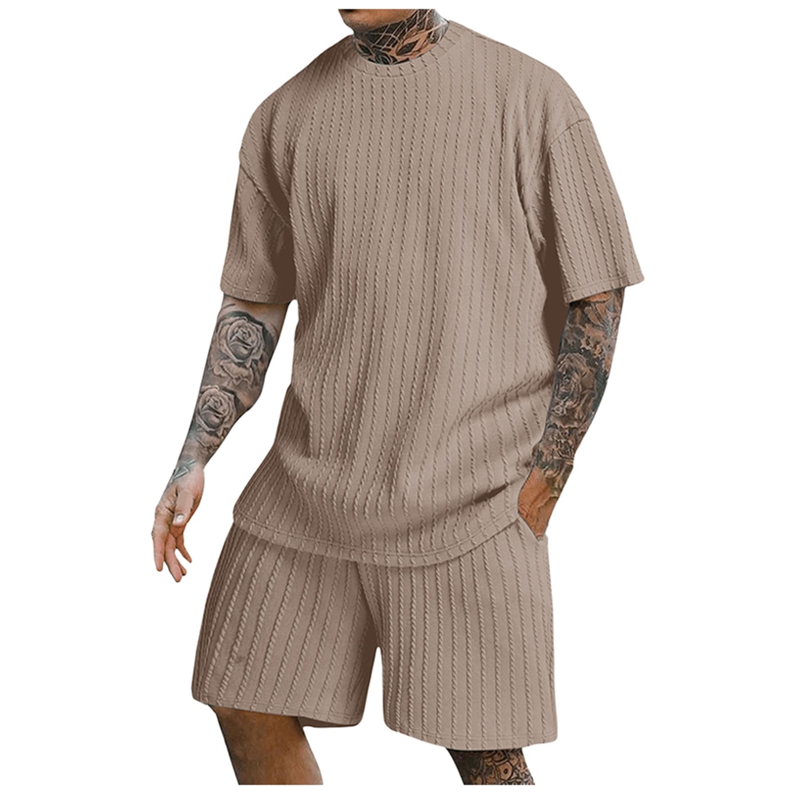 Mens Outfits Men's Rib Shirt Short Sleeve And Shorts Slim Fit Muscle T ...