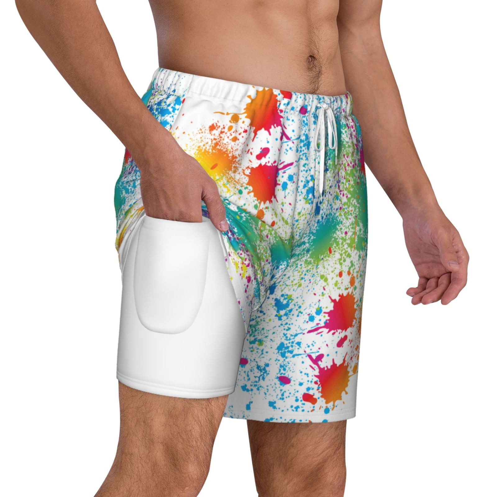 Mens Paint Splatter Colorful Swim Trunks with Compression Liner 2 in 1 ...