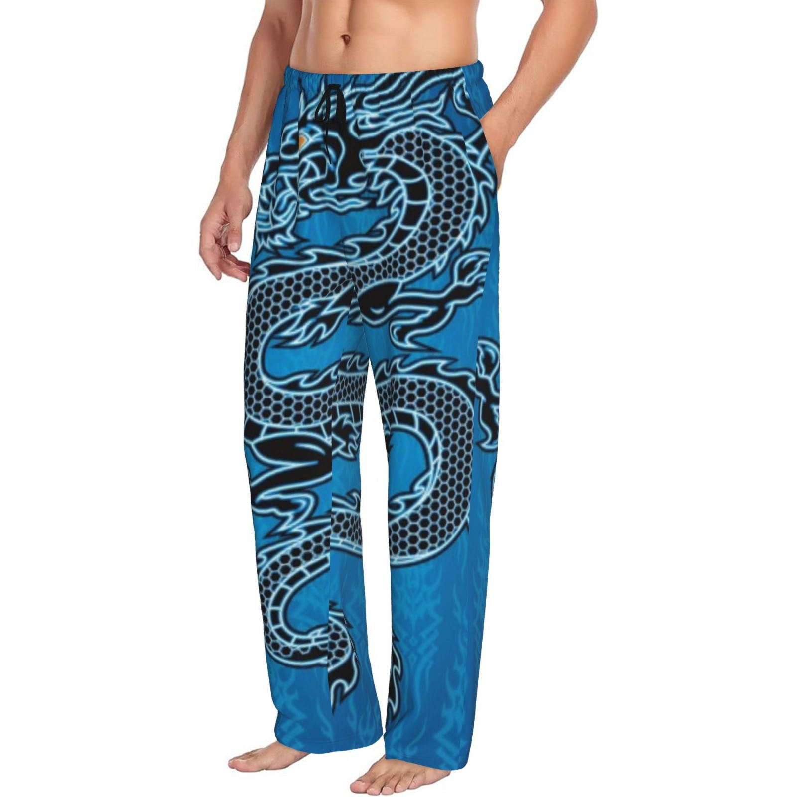 Mens Pajama Pants Black Dragon On Blue Tribal Background Sleep & Lounge ...