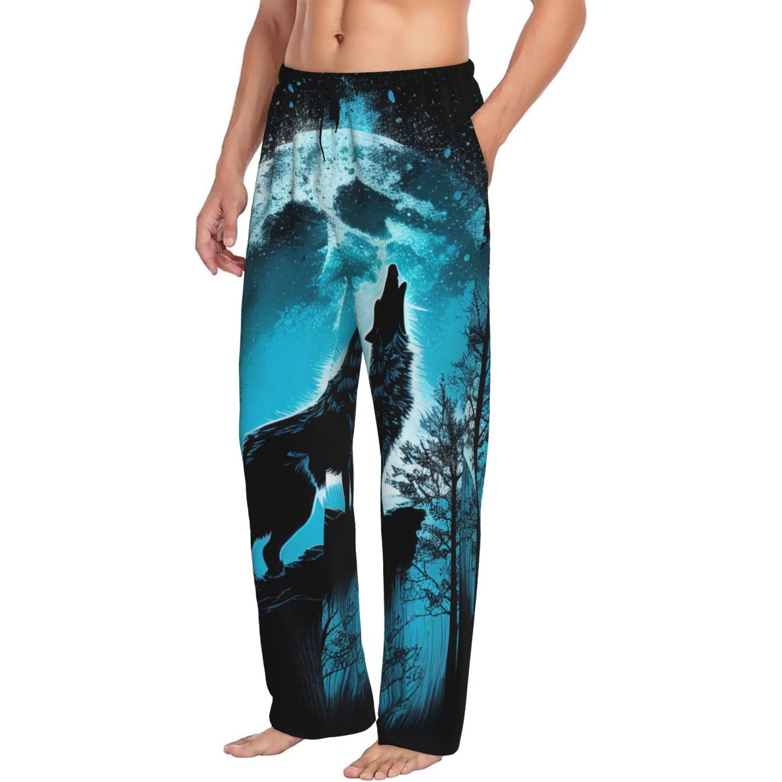 Mens Pajama Pants Bottoms with Pockets- Blue Full Moon Wolf Soft Mens ...